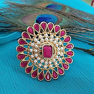 Efulgenz Indian Jewelry Antique Square Faux Pearl Crystal Kundan Bollywood Adjustable Big Finger Ring for Women (Multipack 1)
