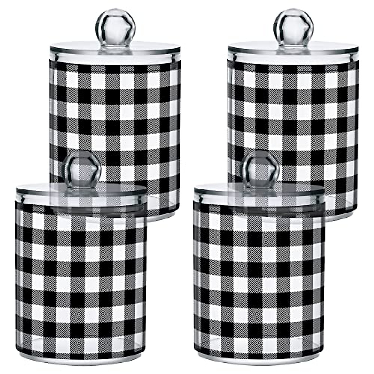 Gredecor Qtip Holder Dispenser 2 Pack Black White Classic Buffalo Plaid Bathroom Decorative Storage Canister Holder Counter Vanity Organizer for Cotton Ball Swabs Pads Floss