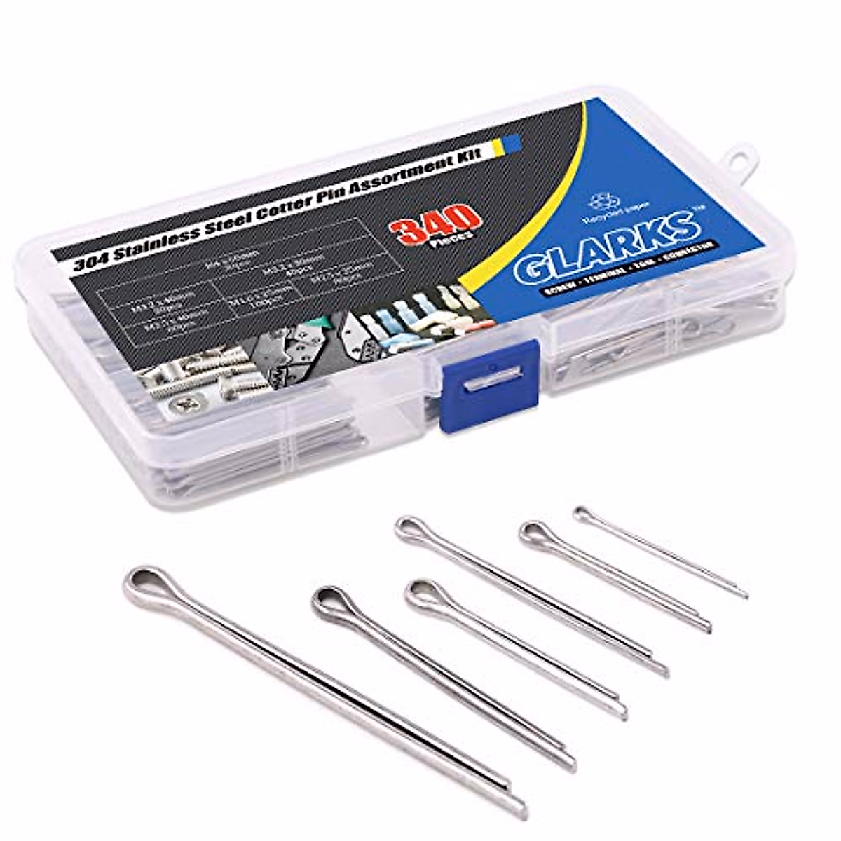Glarks 340-Pieces 6 Sizes 304 Stainless Steel Cotter Pin Clip Key Fastner Fitting Assortment Kit for Automotive, Mechanics, Car Garage, Power Equipment, Cars, Trucks, Lawn Mower, Small Engine Repair