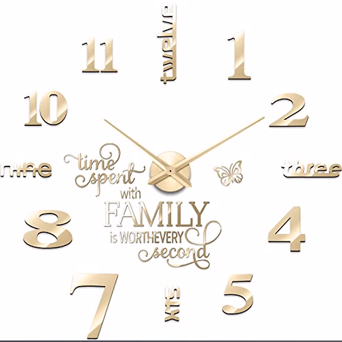Junkin 3D Large Frameless DIY Wall Clock,Modern Decor Family Quote Wall Stickers Clock kit for Home Living Room Bedroom Office Wall Decorations Adjustable Size (Gold)