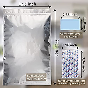 5 Gallon Mylar Bags with Oxygen Absorbers for Food Storage (20 Pack) Big Mylar Bags for Food Storage with 25 Single Sealed 2500CC Oxygen Absorbers & Labels Total 10.5 Mil Zipper Pouches SENDGREEN…