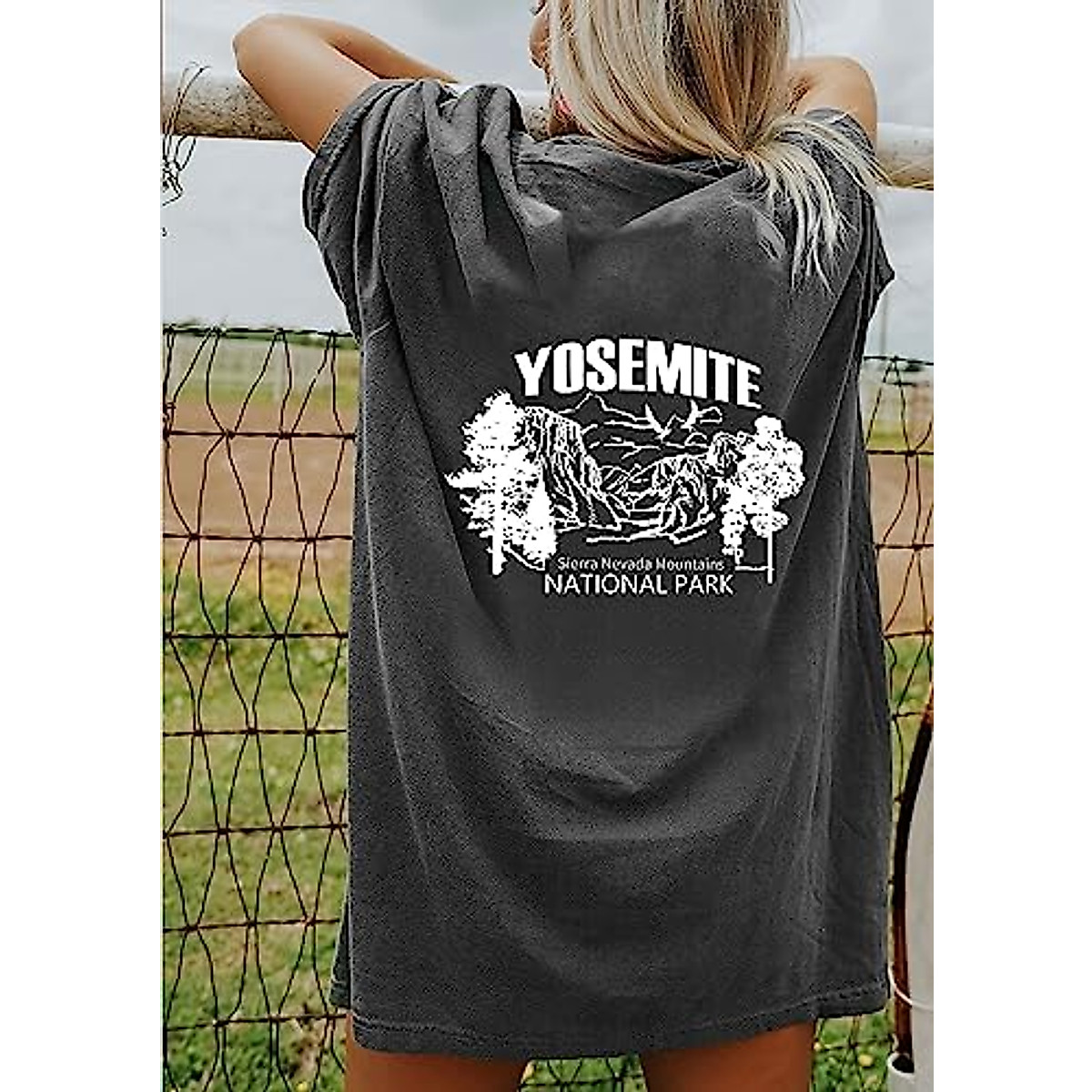 CSDAJIO Women's Letter Print Mushroom Shirt Oversized Graphic Tee Crewneck Short Sleeve T Shirt Back Yosemi Grey X-Large