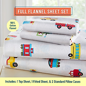 Wildkin Kids 100% Cotton Flannel Full Sheet Set for Boys & Girls, Bedding Set Includes Top Sheet, Fitted Sheet & Pillow Case, Bed Sheets for Cozy Cuddles (Trains, Planes & Trucks)