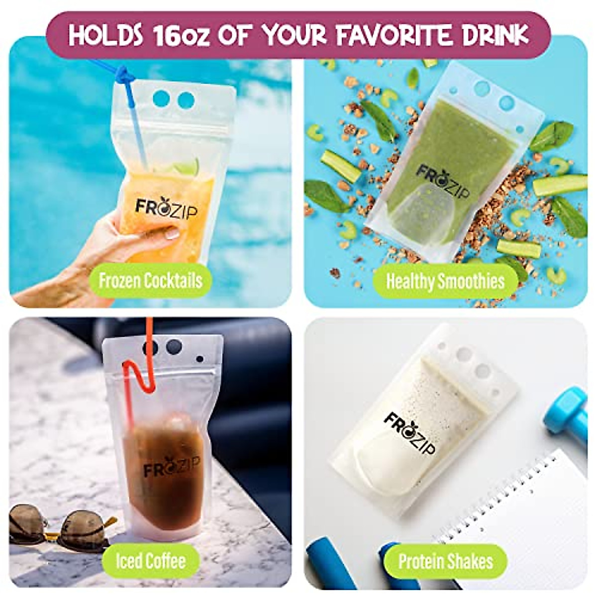 Frozip 100pcs 16oz Drink Pouches for Adults - Drink Pouches with Straws x100 & Funnel - Resealable Smoothie Pouches & Clear Juice Pouches for Adults - Drink Bag Plastic Pouches for Drinks with Straws