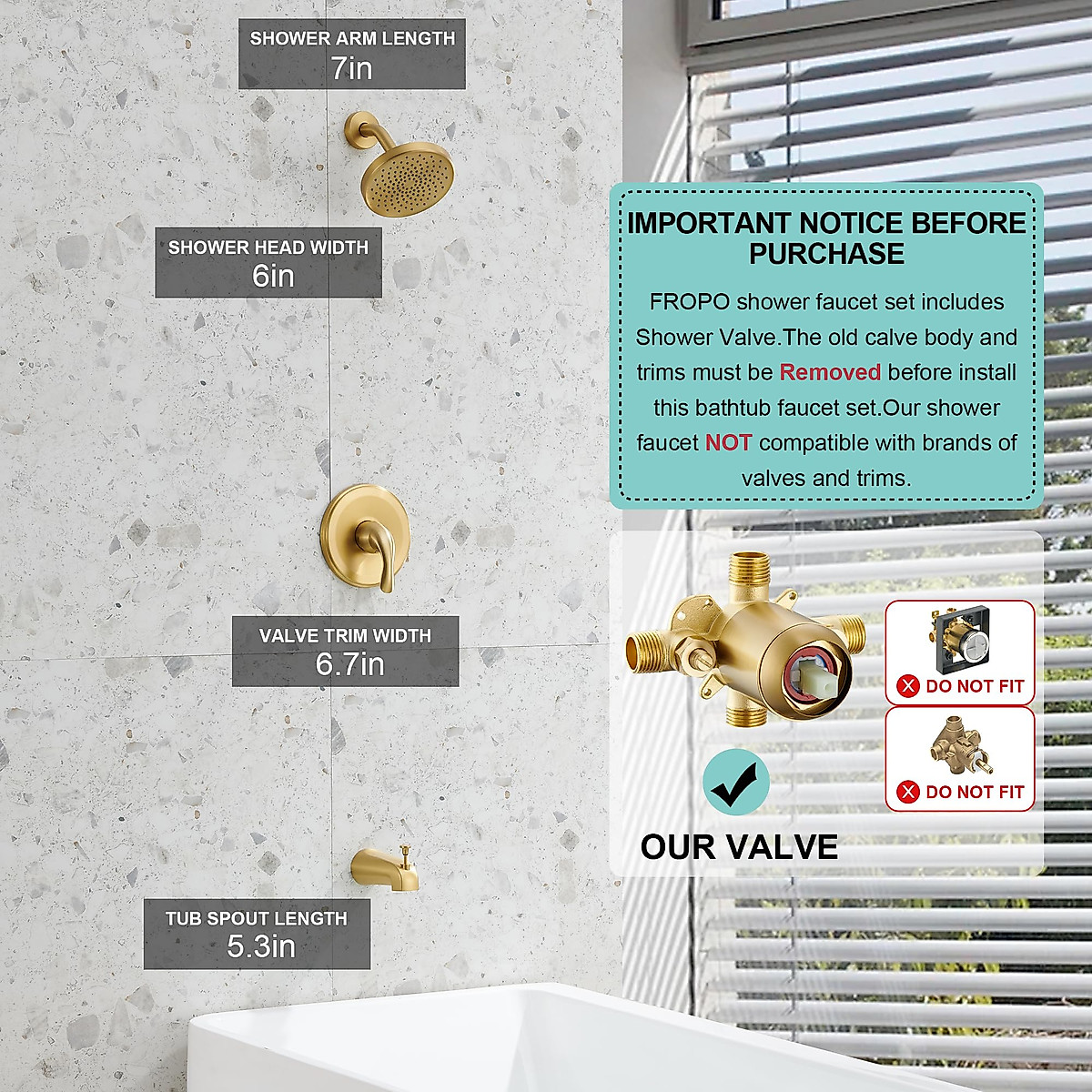 FROPO Brushed Gold Shower Tub Faucet Set With Valve - Gold Shower Head and Handle Set, Shower Faucet Set With 6 Inch Rain shower Head and Tub Spout, High-Pressure Tub Shower Trim Kit