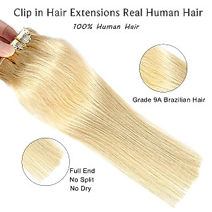 Clip in Hair Extensions Real Human Hair, Bleach Blonde Real Hair Extensions Clip in Human Hair, 7 Pieces 70G Double Wefts Remy Human Hair Clip in Extensions 16 Inch Clip-ins for Fine Hair Women