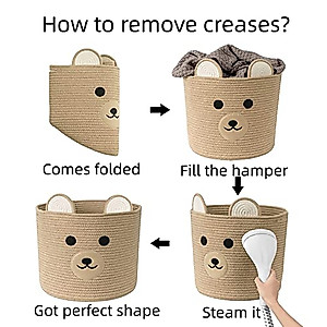 Bear Laundry Baskets Laundry Hamper Storage Basket with Handles,Decorative Basket for Living room,Woven Storage Basket for Toys Bin Pillows Blankets Clothes (Khaki)