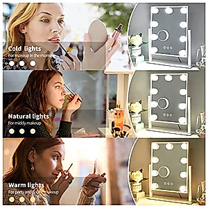 Kotdning Vanity Mirror with Lights,Lighted Vanity Mirror with 9 Dimmable Bulbs for Dressing Room & Bedroom,3 Color Lighting,Modes Detachable 10x Magnification 360°Ratation(White)