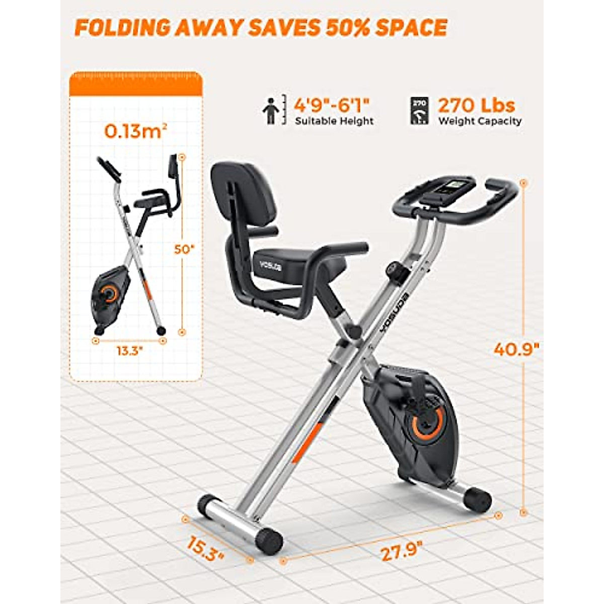 YOSUDA Exercise Bike, Folding Exercise Bike for Seniors 330LB/270LB Capacity, Magnetic X-Bike with 16-Level Resistance, Back Support Cushion for Home Gym Workout