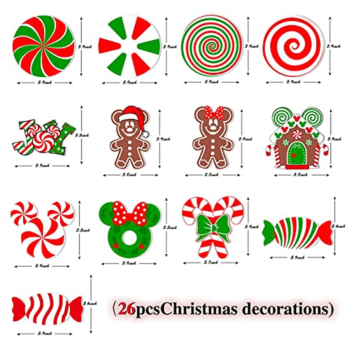 Christmas Tree Decorations,Christmas Lollipop Candy Cane Ornaments Paper Cards Hanging Mick-ey Mouse Gingerbread Christmas Decor for Peppermint Christmas Tree Decorations- Set of 26