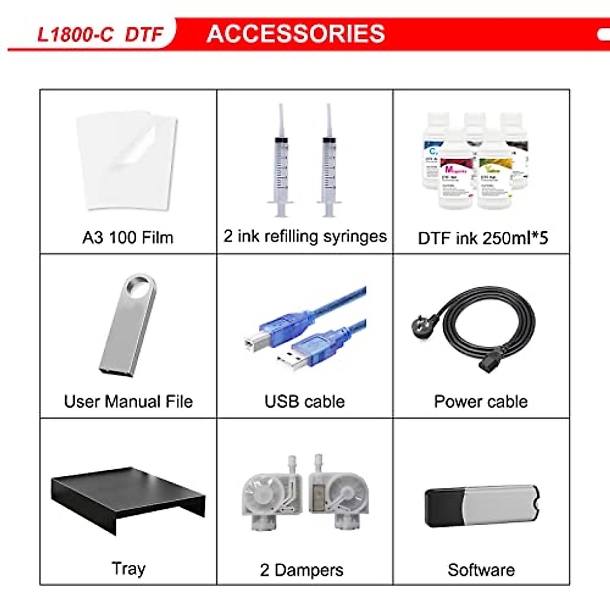 DTF Printer A3 L1800 Transfer Printer Machine Built-in White Ink Circulation System for Dark/Light T-Shirts, Hoodie,Pillow,Different Fabrics (DTF Printer +Oven+5 x 250ml Ink+100pcs PET Film)