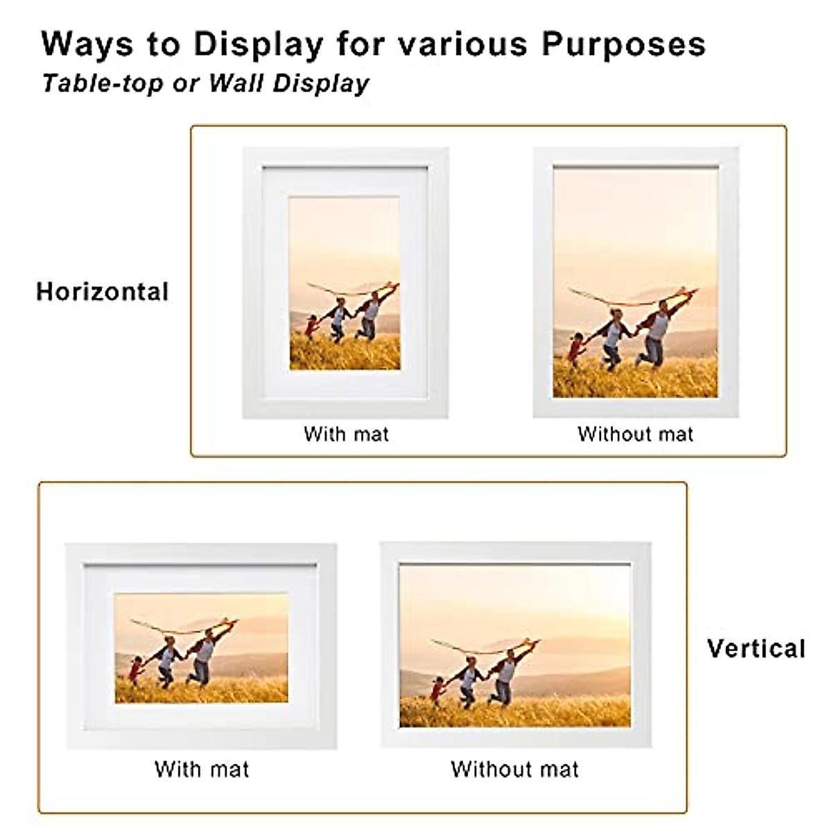 KINLINK 6x8 Picture Frames White, Photo Frames with Real Glass for Picture 4x6 with Mat or 6x8 without Mat, Composite Wood Picture Frames for Table Top and Wall Mounting, Set of 4