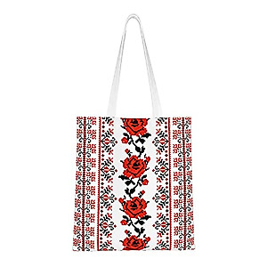 VACSAX Canvas Tote Bag for Women Reusable Shopping Bags Ukrainian Embroidery Style Rose Print Shoulder Handbag Aesthetic Totes for Grocery