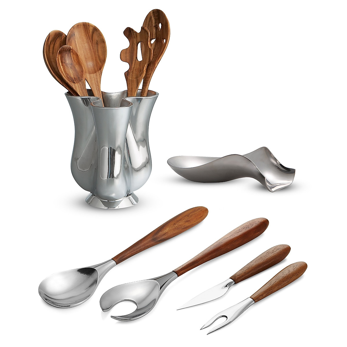 Nambe - Gourmet Collection - Curvo Serving Fork - Measures at 13" - Made with Acacia Wood and Stainless Steel - Designed by Steve Cozzolino