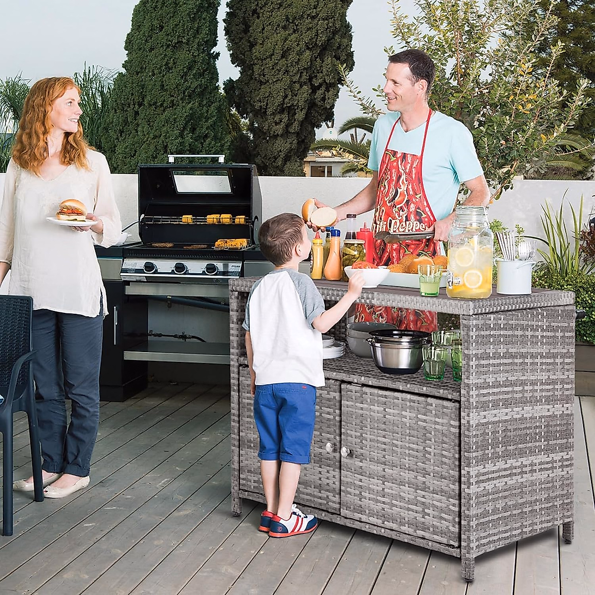 INTOBOO Outdoor Storage Cabinet, Wicker Rattan Storage Cabinet with 2 Doors, Shelves & Polystyrene Top, Durable and Versatile Storage for Patio, Pool, Garden, Indoor, Kitchen, Grey