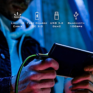 VIVIFY ACESO W10 RGB Led Gaming Light up Type C USB 3.1 3.2 Gen 2 Quick Charge 3 QC3 10 Gbps Car Mobile Cable Orange 3.2ft