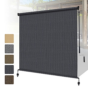 Shade&Beyond Outdoor Roller Shades 7' W x 6' H Cordless Patio Roll Up Blinds Exterior Shade Cloth Roll for Porch Gazebo Pergola Balcony Backyard, 2 Poles and 1 Piece Fabric, Blue Gray