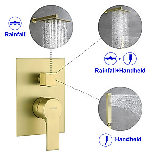 SHAMANDA Brass Rainfall Shower System, Luxuly Bathroom Shower Faucet Combo Set Brushed Gold(Including Rough-In Valve Body and Trim), L70001-3