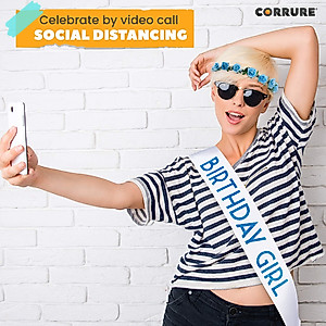 CORRURE 'Birthday Girl' Sash and Tiara - Soft Satin Black with Blue Glitter Birthday Sash for Women with Flower Headband - Ideal Sweet 16, 18th 21st 25th 30th 40th or Any Other Bday Party