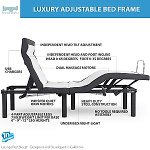 Blissful Nights Split King e5 Adjustable Bed Frame with Power Pillow Tilt, Zero Clearance for Storage Bases, Massage, Anti-Snore, Zero Gravity, USB Charging, Nightlight