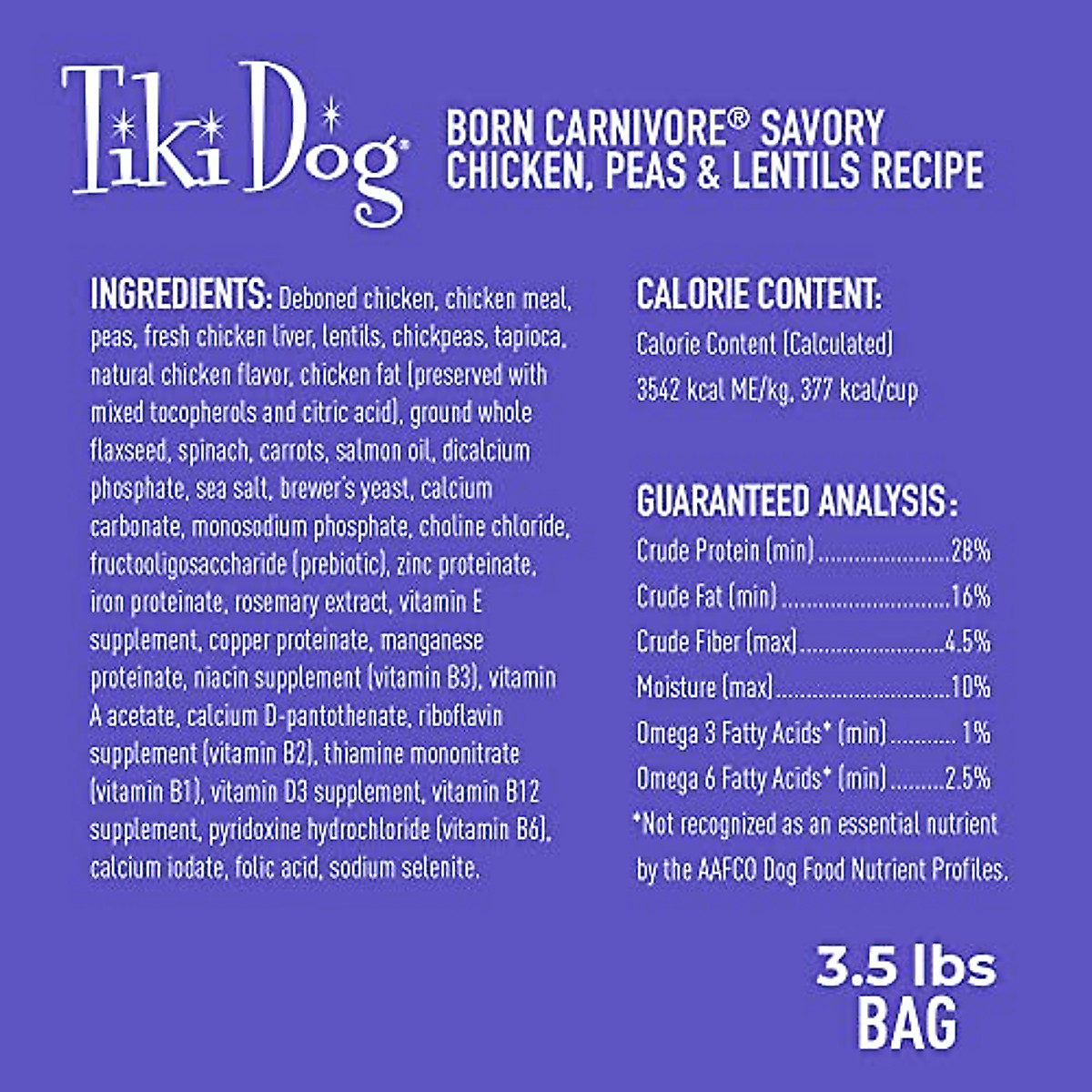 Tiki Dog Born Carnivore for Dogs, Savory Chicken, Peas & Lentils Recipe, Grain Free Baked Kibble for Maximum Nutrition, For Adult Dogs and All Size Breed Dogs, 3.5 lbs Bag