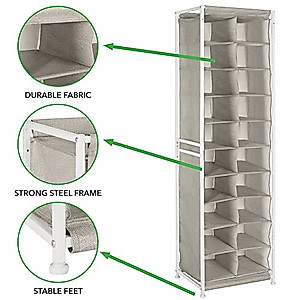 mDesign Vertical Fabric and Metal Standing Shoe Tower Rack & Organizer - 10-Tier Shoe Stand - Holds 20 Pairs of Mens, Womens and Kids Shoes, Easy Assembly - Closet Organization - Linen