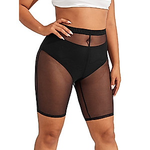 WDIRARA Women's Plus Size Elastic Waist Sheer Mesh Biker Shorts Short Leggings Black 1XL