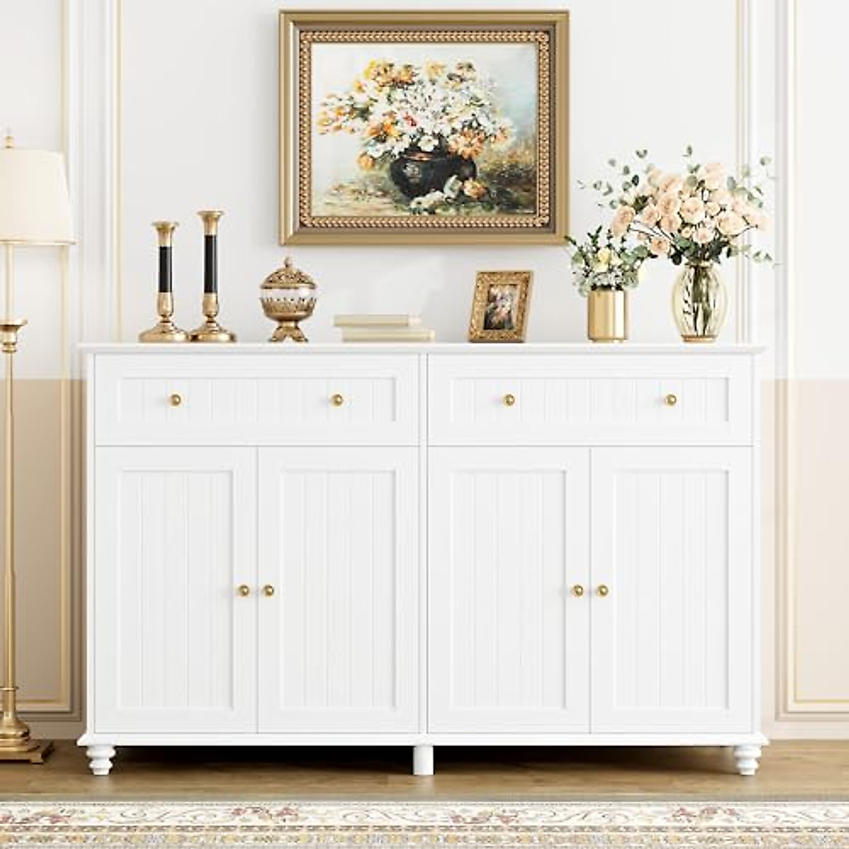 FINETONES Buffet Cabinet with Storage, 55.1” Large Sideboard Buffet Cabinet, White Kitchen Cabinet Display Cabinet with 2 Drawers and 4 Doors, Wood Coffee Bar Cabinet for Kitchen Dining Room