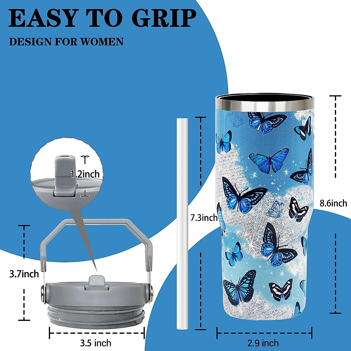 Butterfly Tumbler with Handle and Straw, Stainless Steel Vacuum Insulated Flip Straw 30 oz Blue Butterfly Tumbler Spill Proof Coffee Travel Mug Butterfly Gifts