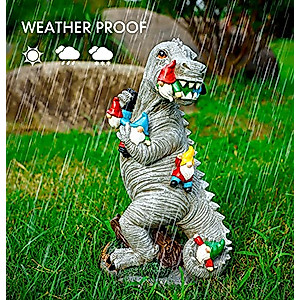 Himaweek Garden Statue Outdoor Decoration, Dinosaur Eating Gnomes Figurines, Indoor Outdoor Décor Garden Art for Patio Lawn Yard, 13.5” x 7.6” Housewarming Garden Gift