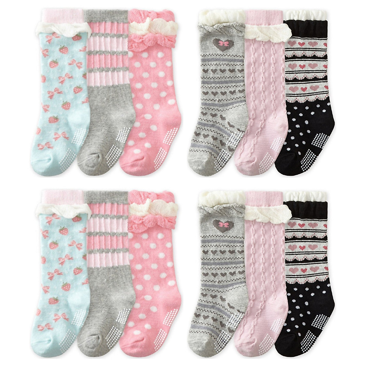 QandSweet 6 Pairs Baby Girl Knee-High Socks Toddler Princess Cute Non-skid Socks 8-36M (6 Colors)