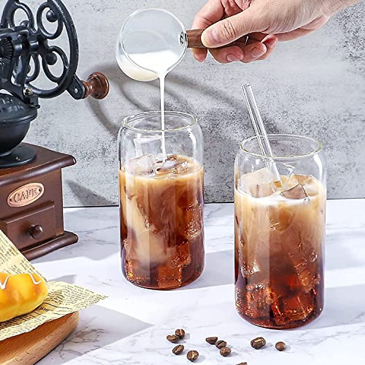 Infankey Glass Cups with Glass Straw 6pcs Set - Beer Can Shaped Drinking Glasses, 16 oz Iced Coffee Glasses, Cute Tumbler Cup for Smoothie, Boba Tea, Whiskey, Juice, Water - 1 Cleaning Brushes