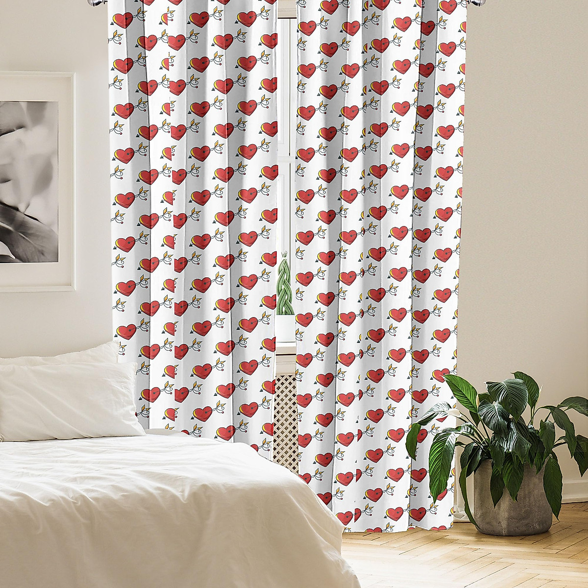Ambesonne Romantic Window Curtains, Valentine's Hearts Lovers Heartbroken Amour Graphic on Plain Backdrop, Lightweight Decor 2-Panel Set with Rod Pocket, Pair of - 28" x 84", Vermilion Orange