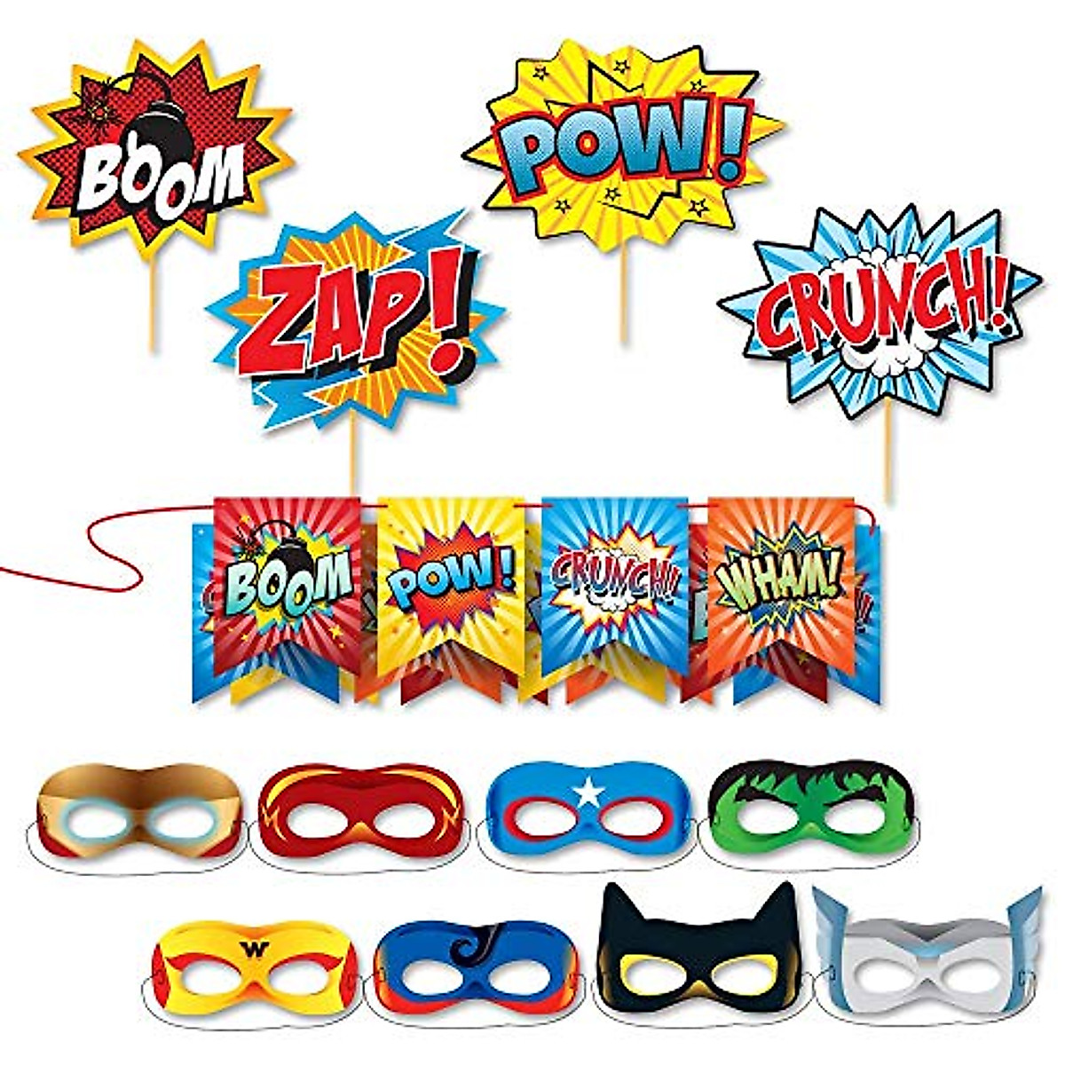 Superheroes Theme Party Photography Backdrop with Prop, Flag & Mask. Super Hero Cityscape Photo Booth Background for Kids Party, Birthday Wall Decorations