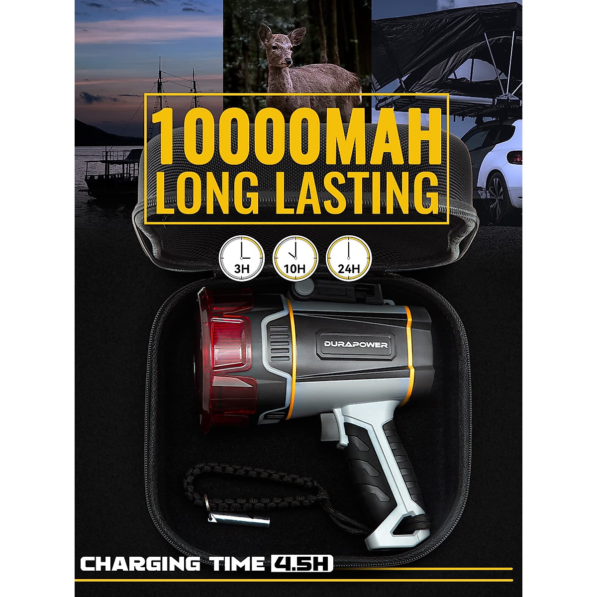 Durapower Rechargeable Spotlight, 300000 Lumens LED Handheld Spotlight, 10000mAh Long Lasting IP68 Waterproof Spotlight Flashlight Portable for Marine Boat Hunting