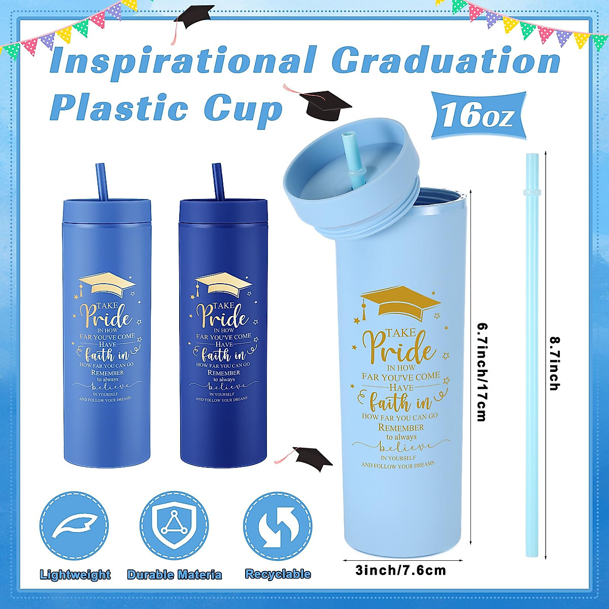 Blushtier 6 Pcs Class of 2025 Graduation Gifts Bulk 16oz Matte Graduation Cups 2025 Inspirational Tumbler with Lid and Straw Plastic Drinking Tumbler for Teen High School Grad Party Favors (Blue)