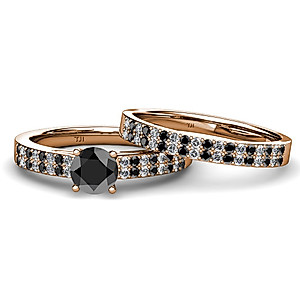 Black & White Natural Diamond Double Row Bridal Set Ring & Wedding Band 1.70 ctw 14K Rose Gold.size 9.0