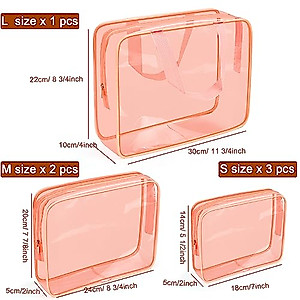 APREUTY Clear Makeup Bags, TSA Approved 6 Pcs Cosmetic Makeup Bags Set Clear PVC with Zipper Handle Portable Travel Luggage Pouch Airport Airline Vacation Organization Peach