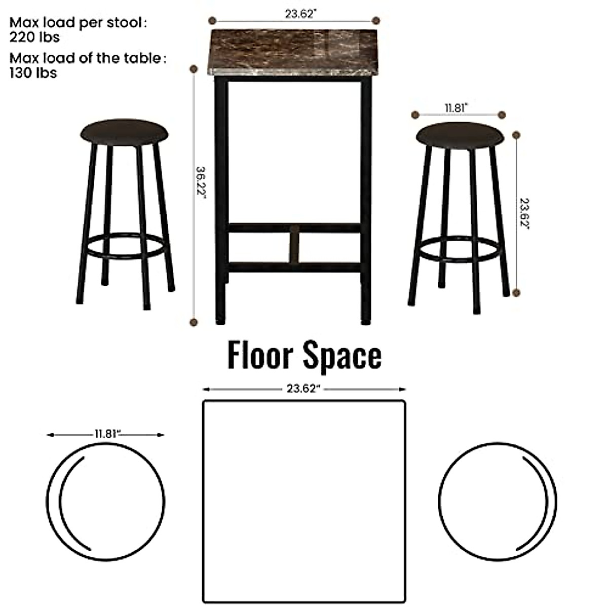 AWQM 3-Piece Dining Table and Chairs for Apartment, Bar Set with 1 Square Table and 2 Round Stools, Kitchen Table Set for 2, Breakfast Table with Footrest for Restaurant, Dinette, Studio (Dark Brown)