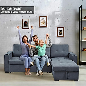 DS-HOMEPORT 80" Pull Out Convertible Sofa Bed Couch for Living Room, L Shaped Sectional Sleeper Sofa with Storage Chaise, Linen Reversible Upholstered Sofa Bed for Small Space(Queen,Grey)