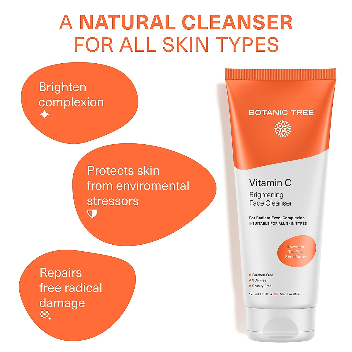 Botanic Tree Vitamin C Face Wash - Facial Cleanser for All Skin Types, Aging Skin, Dry Skin, Minimizing Acne scars, Brightening, Reduce Breakouts - Face Wash for Women & Men