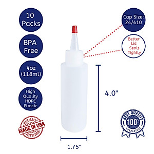 kelkaa 4oz HDPE Durable Plastic Squeeze Bottles with Yorker Red Cap Natural Clear Bottles for Food, Crafts, Any DIY Liquid Products, Multi Purpose Refillable Bottles (Pack of 10)