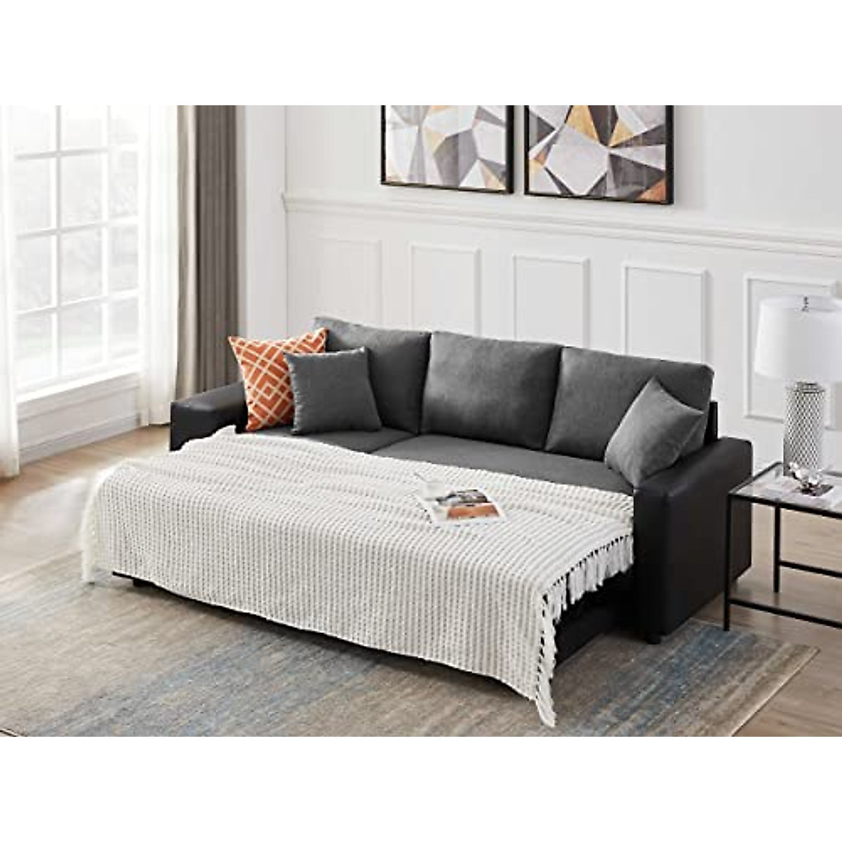 SITHAS Linen Reversible Sectional Couch Pull Out Sleeper Sofa and Chaise with Storage and 2 Steel Sstools