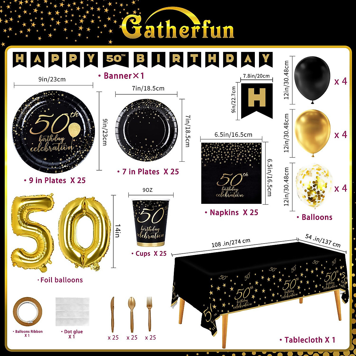 Gatherfun 50th Birthday Party Supplies Disposable Paper Plates Napkins Cups Knives Spoons Forks Tablecloth Banner Number 50 Balloons for Men Woman Black and Gold 50 Birthday Party Decorations Serve 25