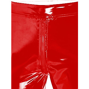 TSSOE Men Shiny Wetlook Patent Leather Skinny Pants Tight Zipper Crotch Clubwear Motor Biker Leggings Red Large
