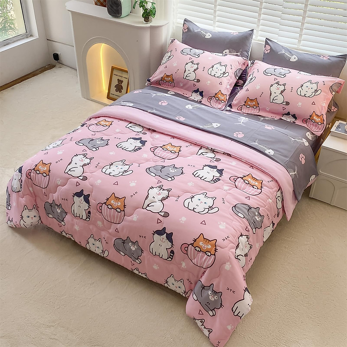 Gusuhome 7 Piece Girls Cats Comforter Set Twin Size Bed in A Bag Pink Cute Cartoon Pet Cat Bedding Set for Kids Boys Teens (1 Comforter, 1 Flat Sheet, 1 Fitted Sheet, 4 Pillow Sham) Gray