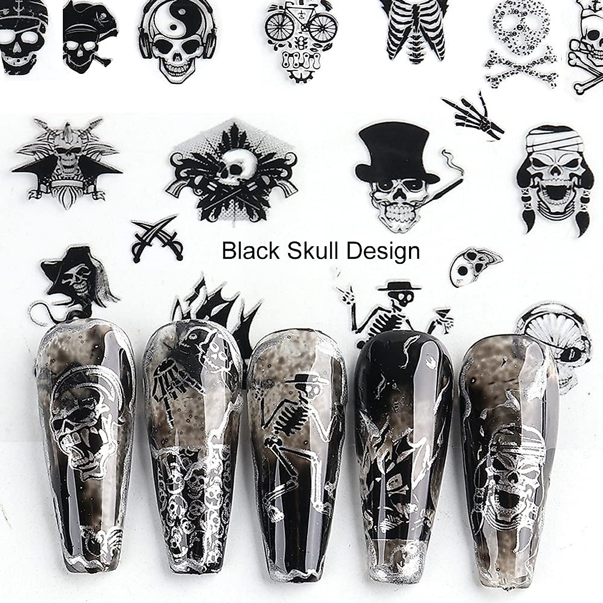 UARUOGP 25 Sheets Halloween Water Transfer Nail Stickers Nail Art Decals,10 Sheets Punk Skull Nails Foil Transfer Stickers,Grimace Skull Eye Spider DIY Decals for Halloween Party(35 Pcs)