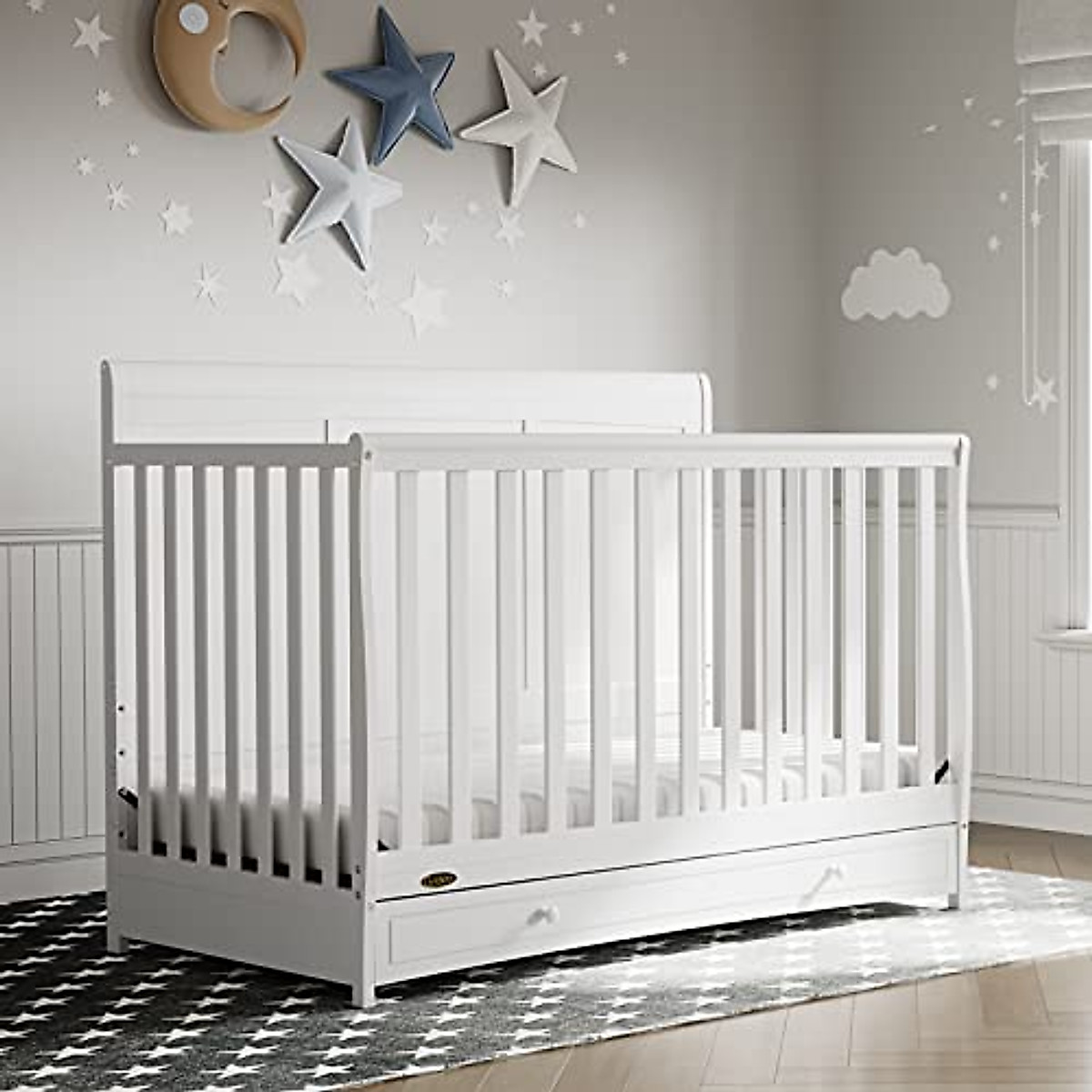 Graco Asheville 4-in-1 Convertible Crib with Drawer (White) – GREENGUARD Gold Certified, Crib with Drawer Combo, Full-Size Nursery Storage Drawer, Converts to Toddler Bed, Daybed and Full-Size Bed