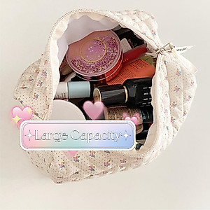 BILIPOPX 2 Pack Kawaii Cute Makeup Bag Aesthetic Travel Quilted Cotton Cosmetic Bag Organizer Toiletry Pouch for Women Teen Girls (Beige Floral)