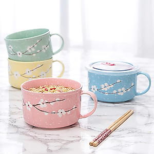 GQHNLUP 4 Pack 30oz Ceramic Bowl with Lid and Handle,Cherry Blossoms Among Snow Flake Pattern,Floral Handpainted Stoneware Bowl for Microwave Dishwasher